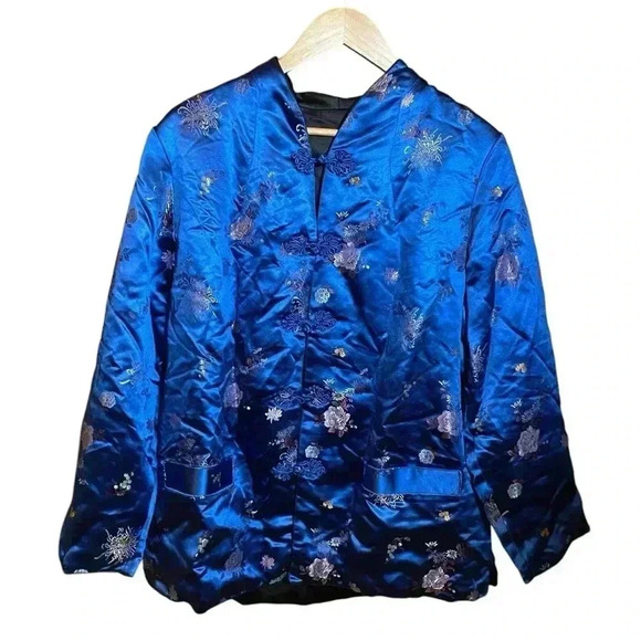 Jackets & Coats | Vgt Satin Silk Jacket Blazer Jacquard Floral Print ...